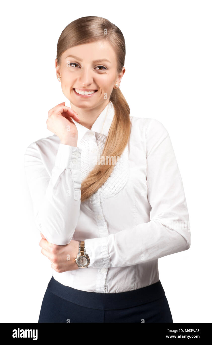 Successful business woman, secretary in white shirt on white background ...