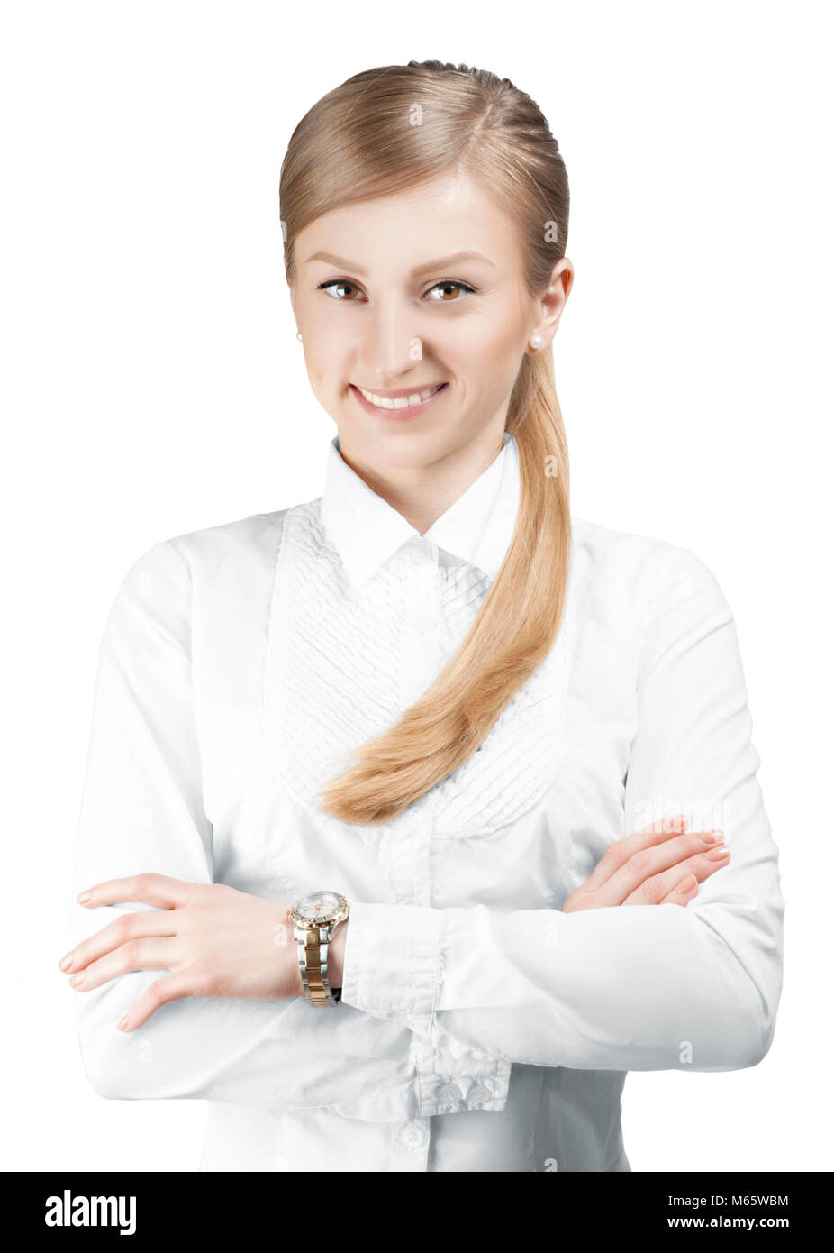 Successful business woman, secretary in white shirt on white background ...