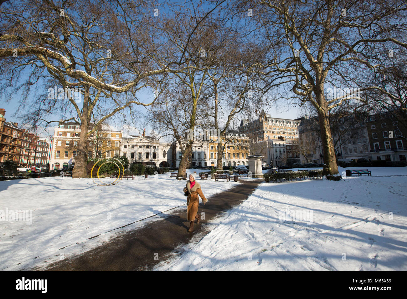 Snow covered Cavendish Square Gardens, as artic weather hits London ...