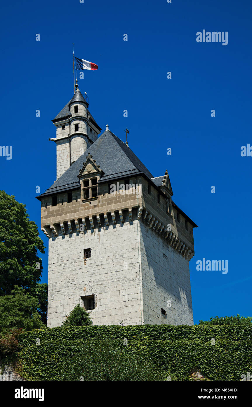 Close-up of tower of the Dukes of Savoy's castle, with blue sky in the ...