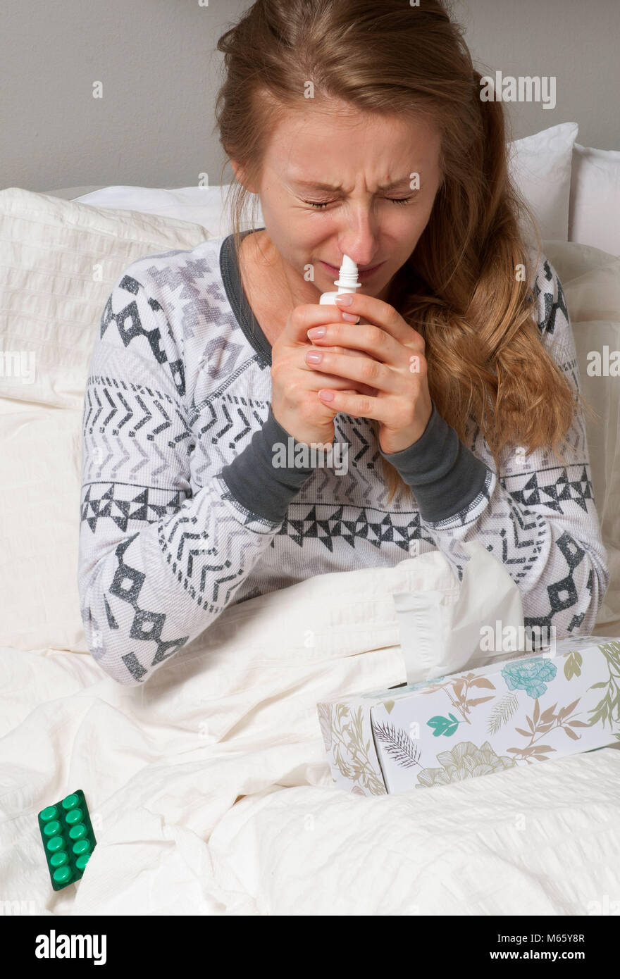Sick and Virus. Woman has cold, flu and high fever Stock Photo - Alamy