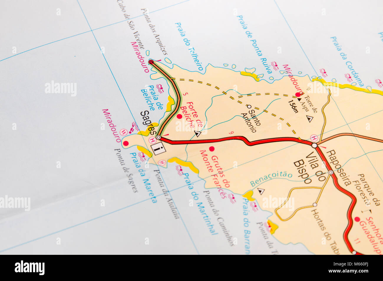Close up of road map detail of Sagres city in Algarve, Portugal Stock ...