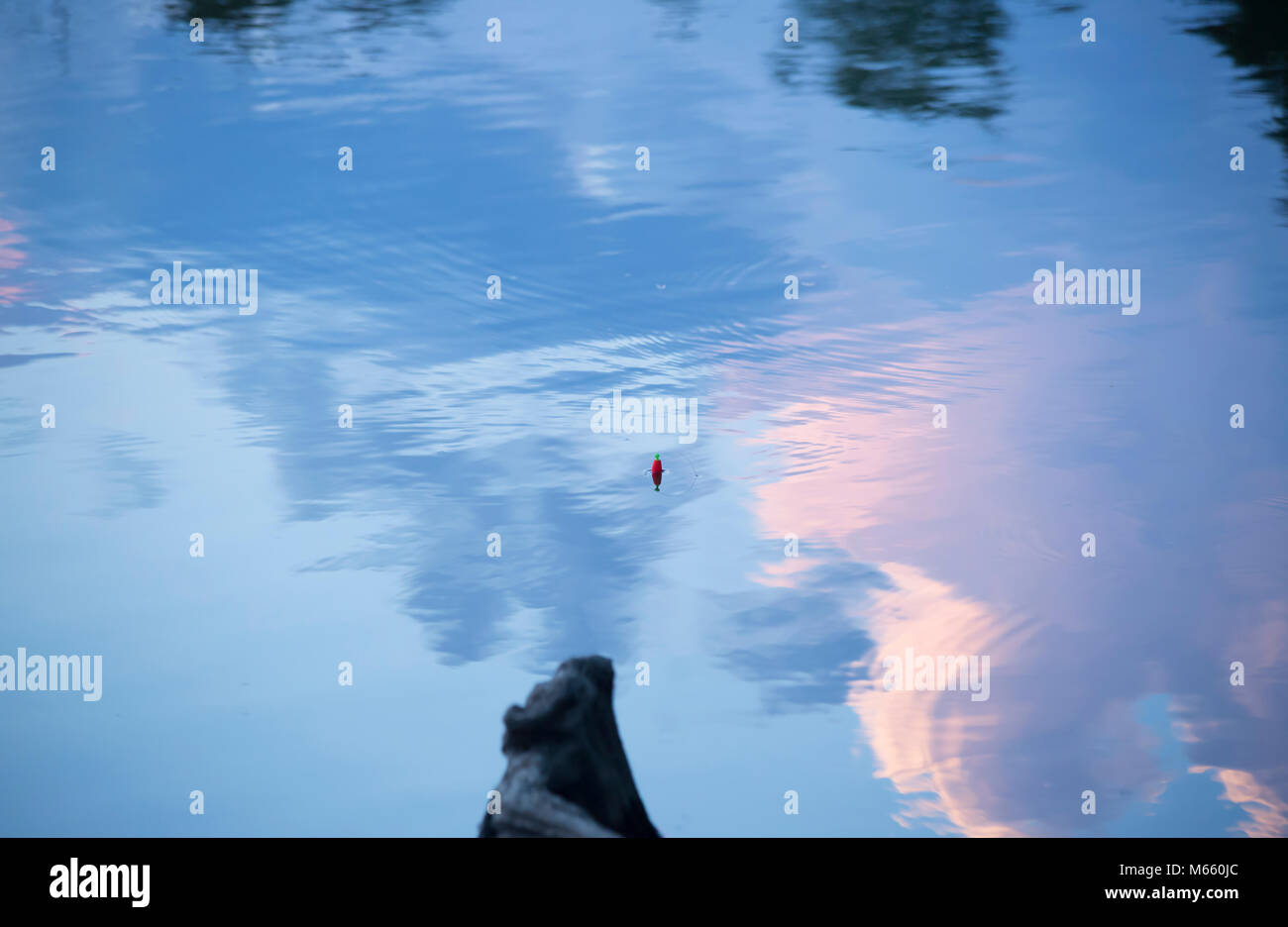 Fishing bobber floating on the top of lake water Stock Photo - Alamy
