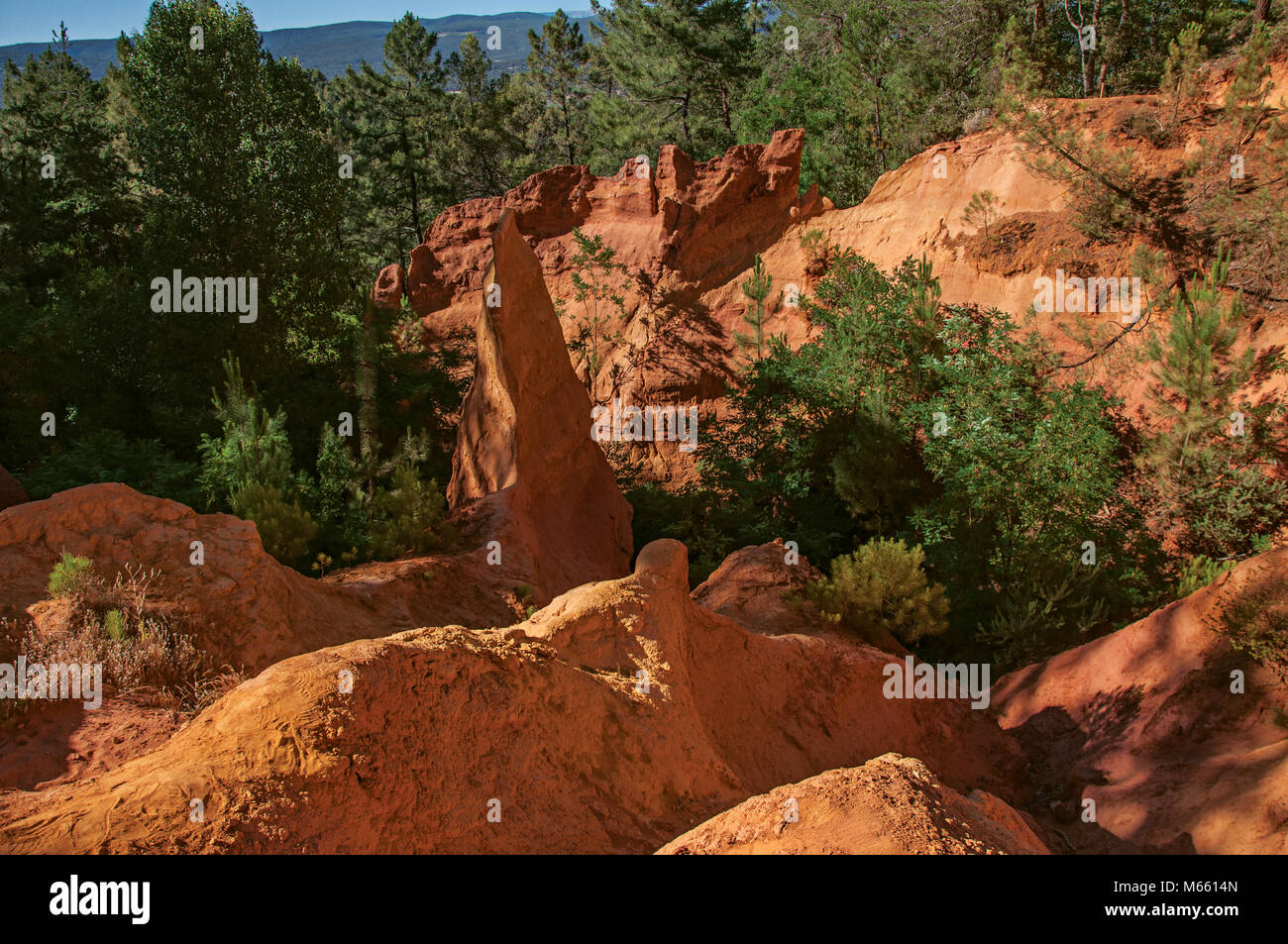 Ocher land, trees under a sunny blue sky, in the park "Sentiers des ...