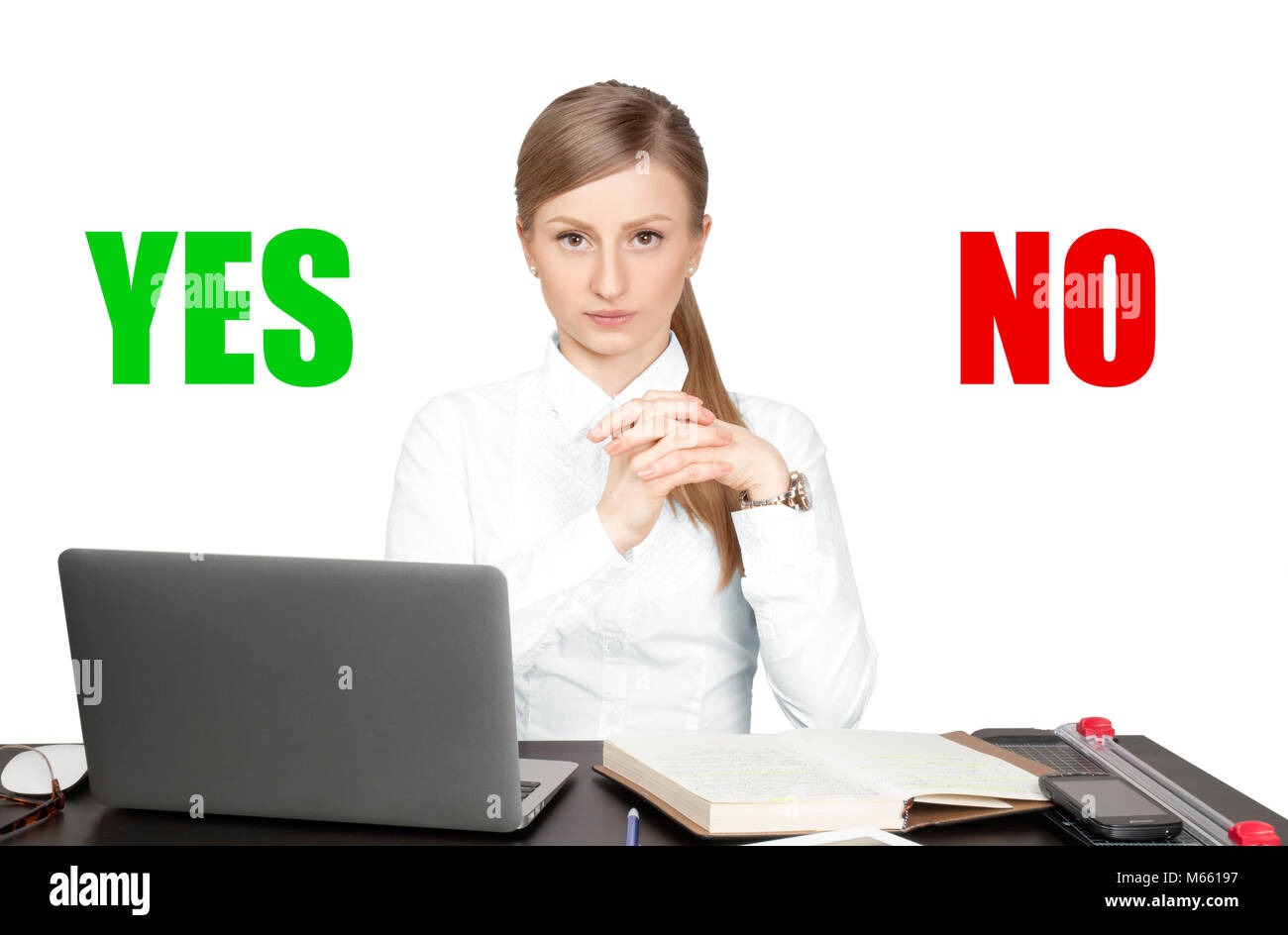 Business woman sitting at table. Acceptance and rejection symbol. Signs ...