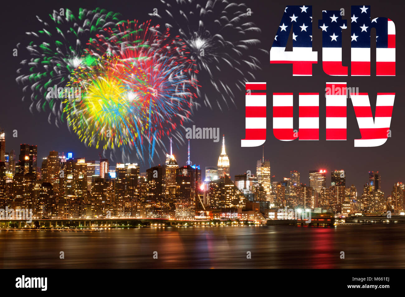 Firework over New York City at night with reflection in water ...