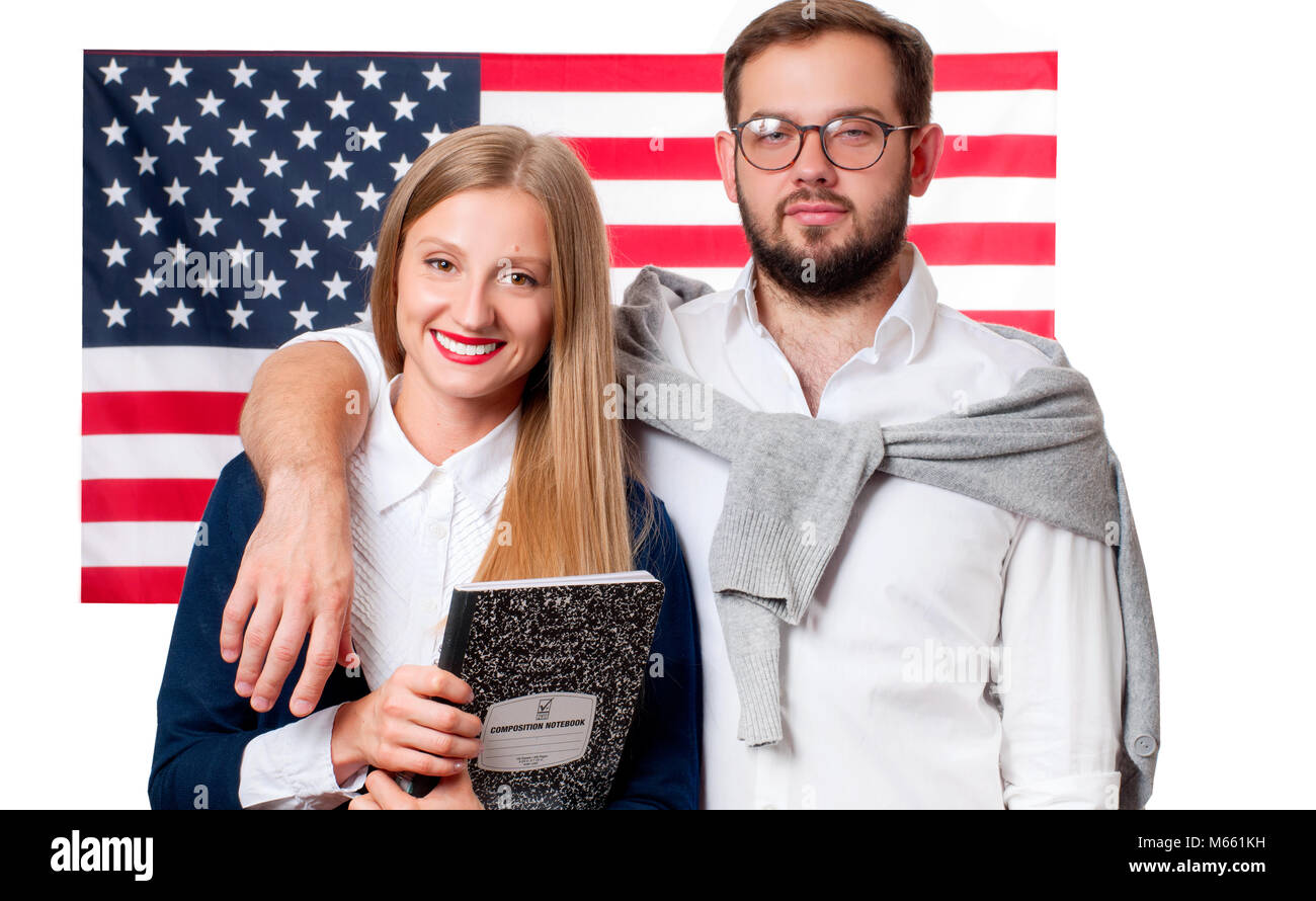 Students is learning English as a foreign language. Man and woman on ...