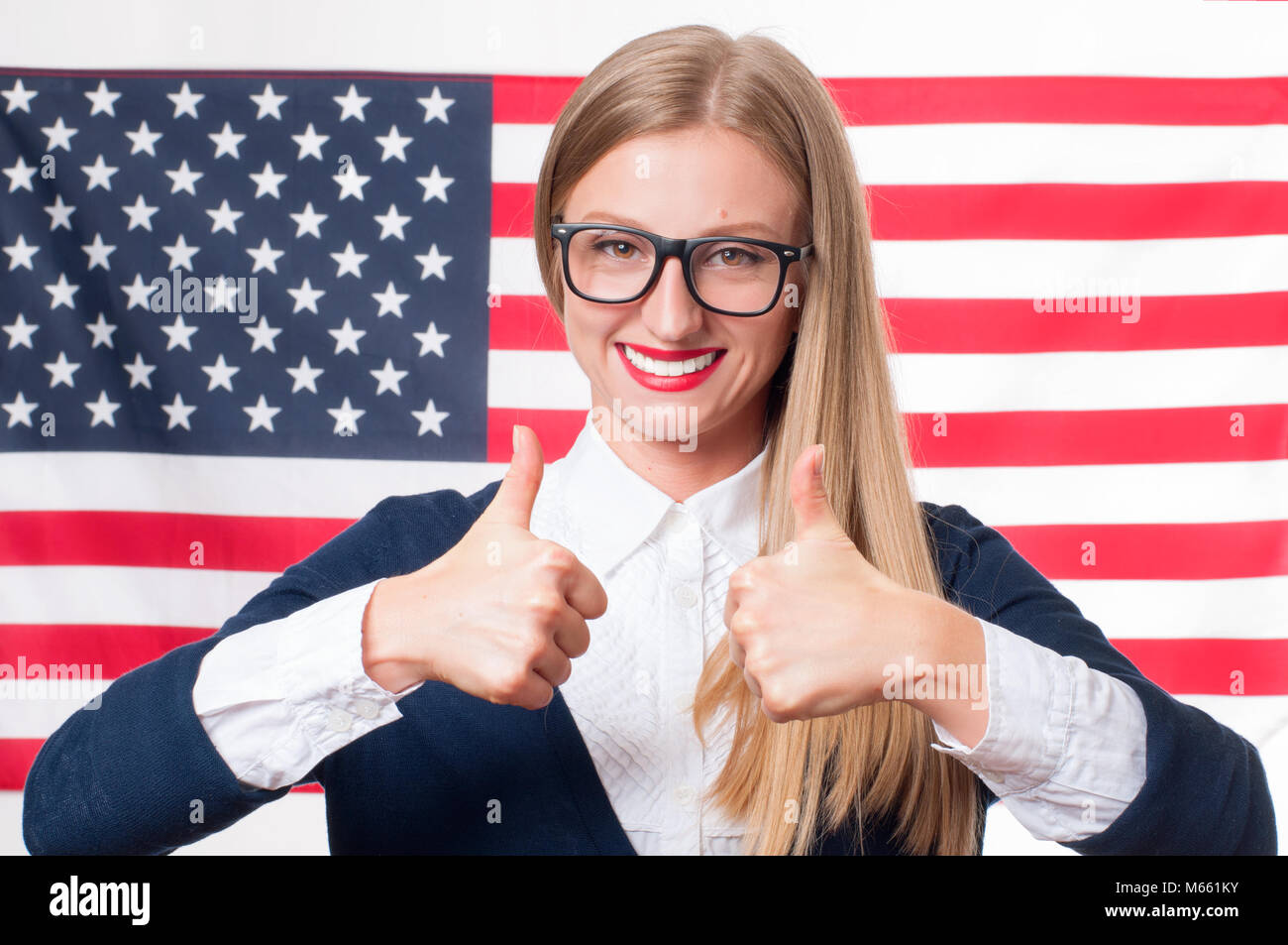 American flag. Smiling young man on United States flag background. USA ...