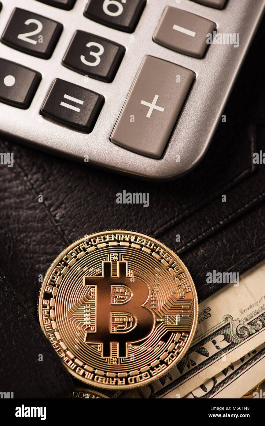 Golden bitcoin with wallet and banknote background. Crypto currency ...