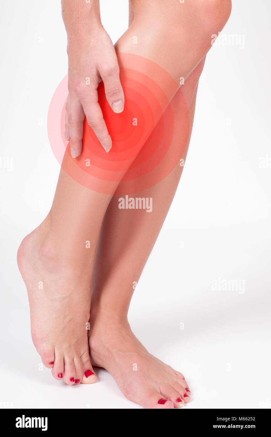 Woman touching her injured shin. Female legs on white background Stock ...