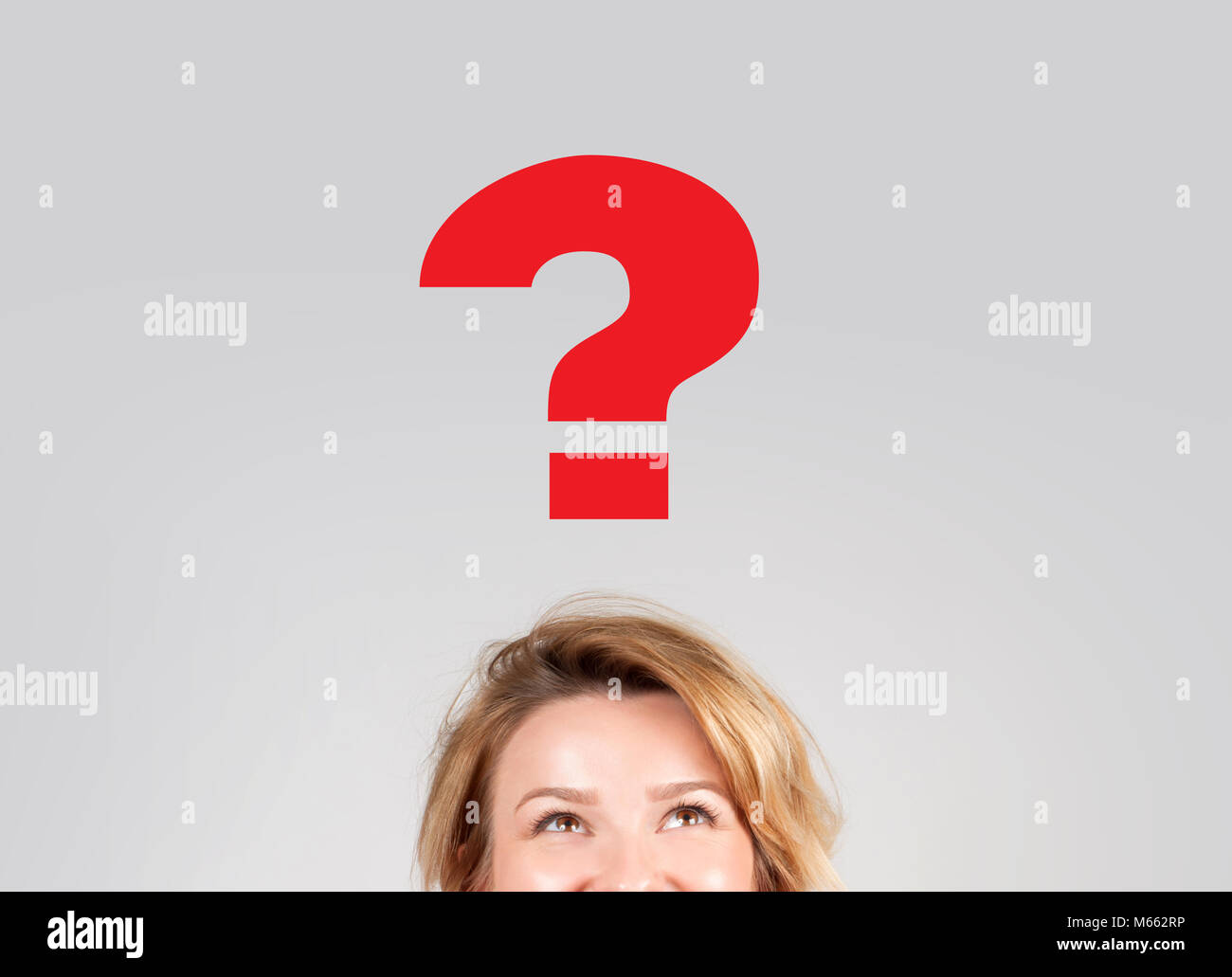 Big question mark. Thinking woman looking up with question mark above ...
