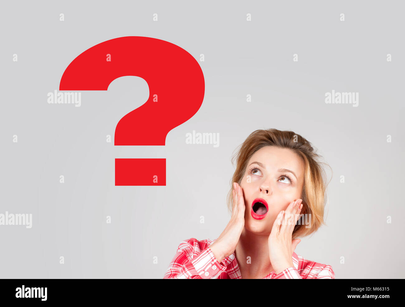 Thinking woman with question mark above her head. Brainstorm and ...