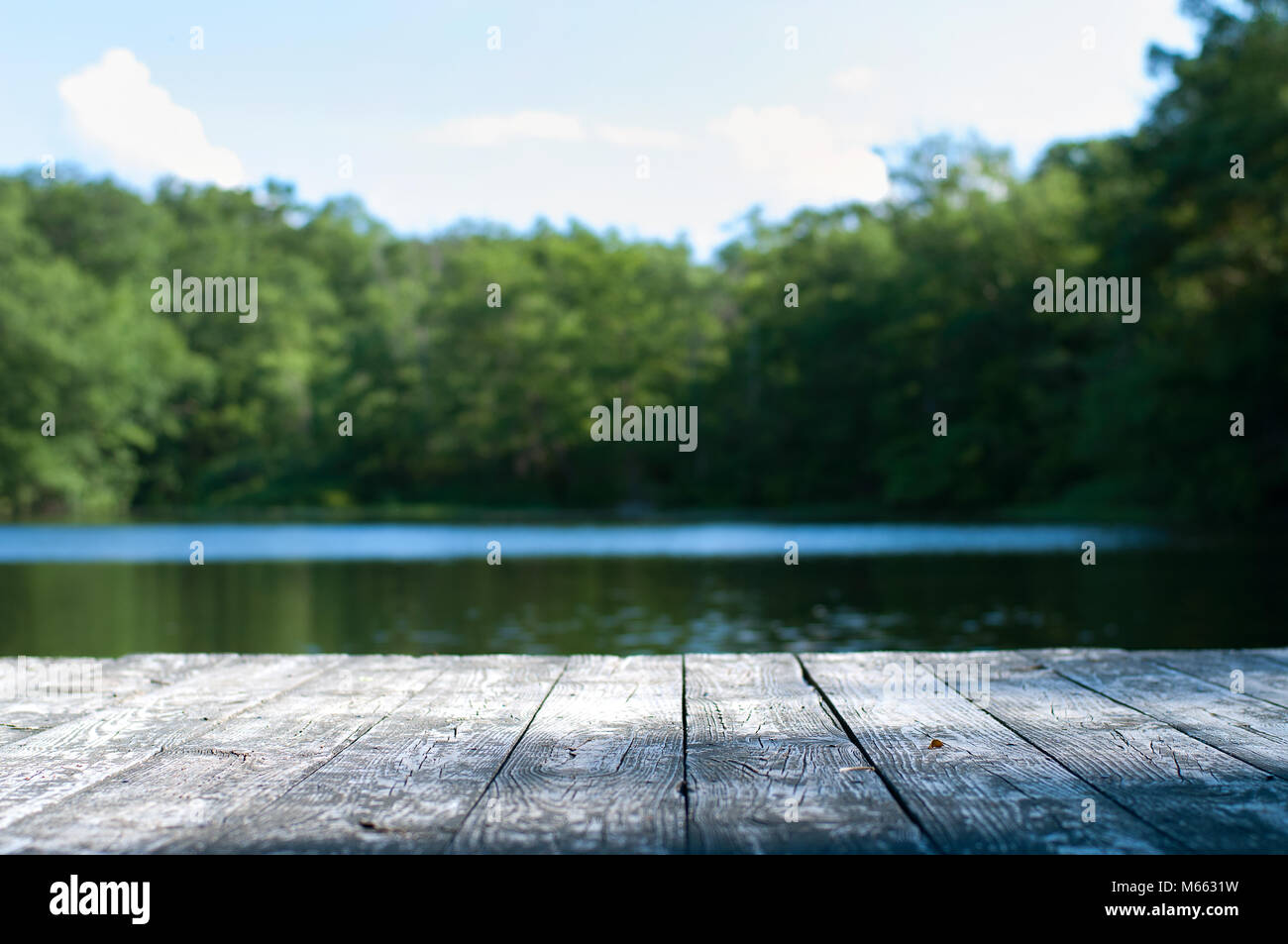Beautiful forest and lake with a wooden board. Nature background with ...