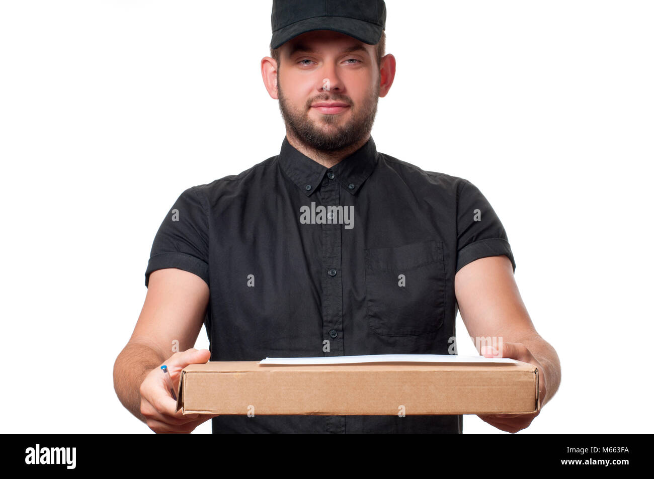 Portrait of happy delivery man with parcel on white background Stock ...