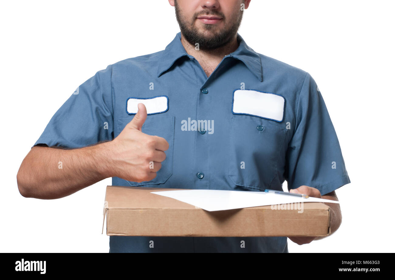 Portrait of happy delivery man with parcel on white background Stock ...
