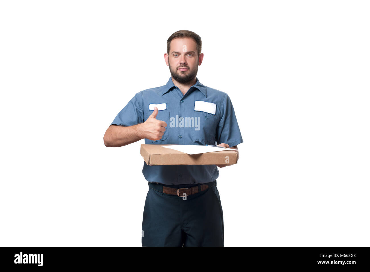 Portrait of happy delivery man with parcel on white background Stock ...