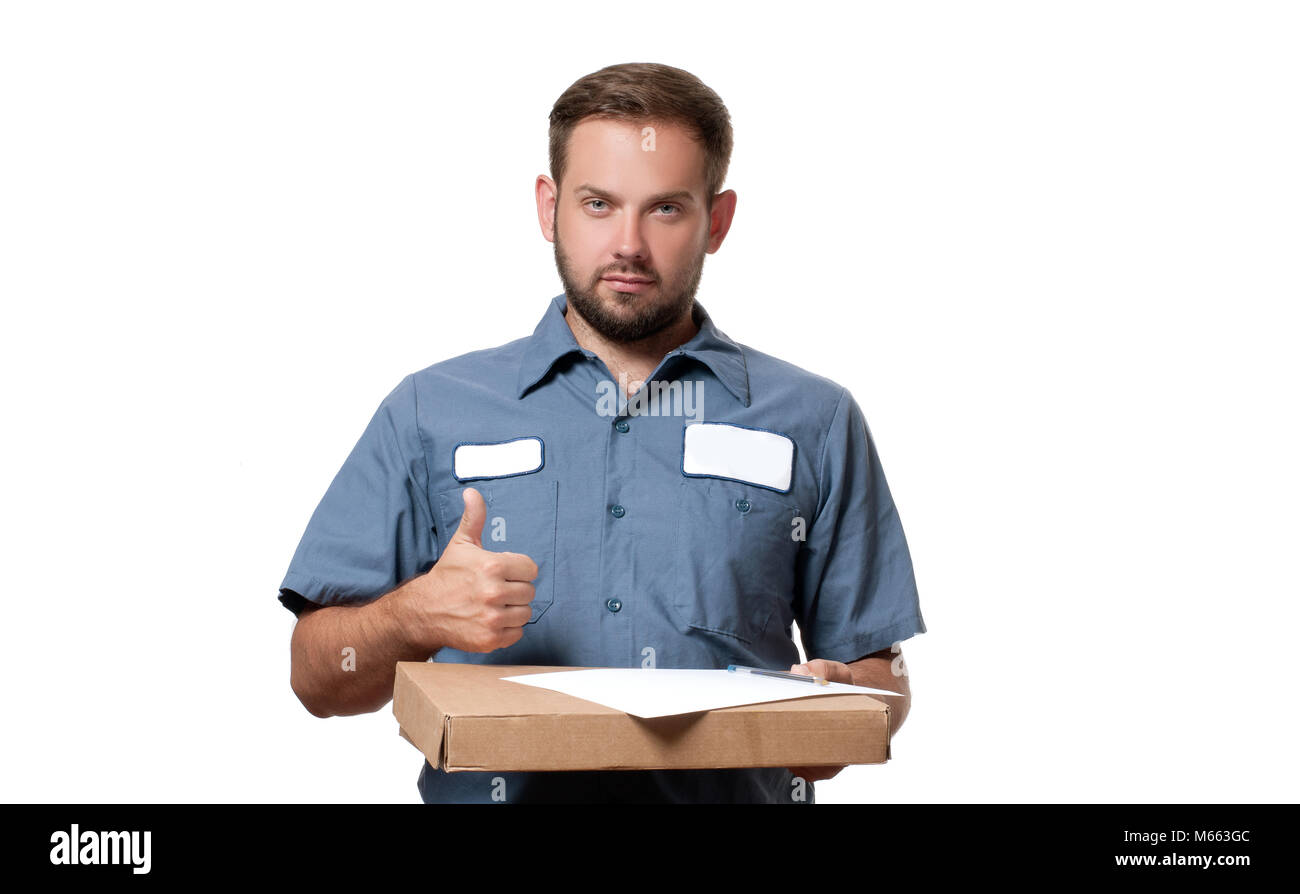 Portrait of happy delivery man with parcel on white background Stock ...