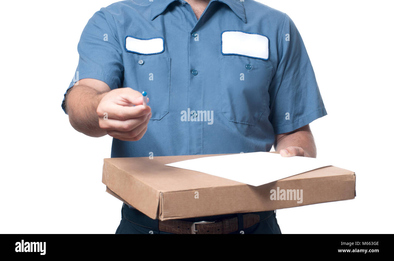 Delivery man handing parcel box to recipient - courier service concept ...