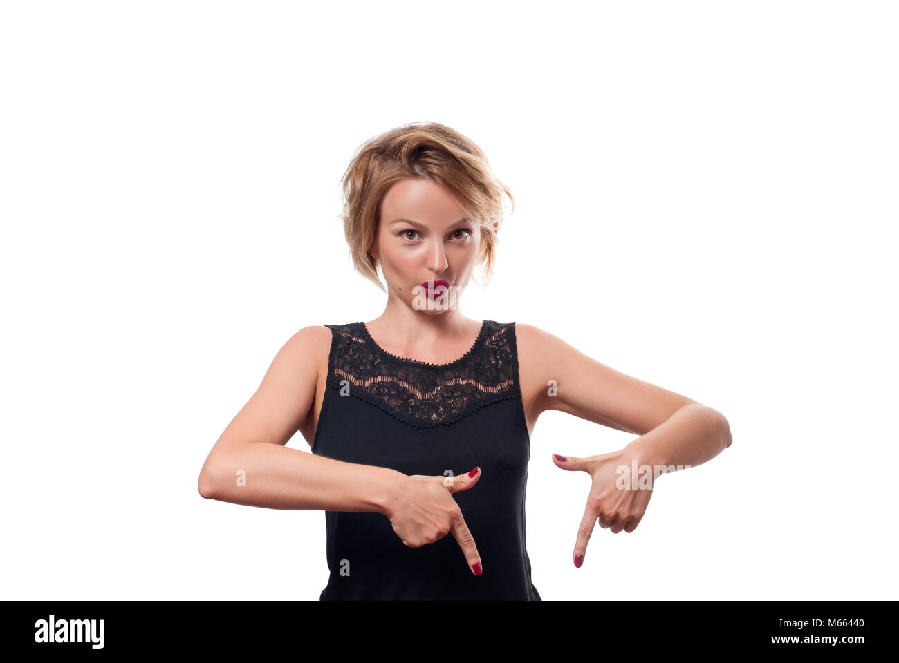 Woman is pointing at a subscription button down Below Stock Photo - Alamy