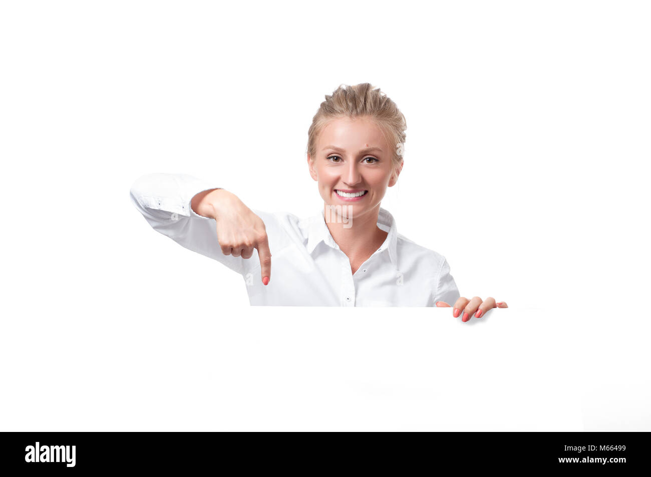 Woman is pointing at a subscription button down below Stock Photo - Alamy