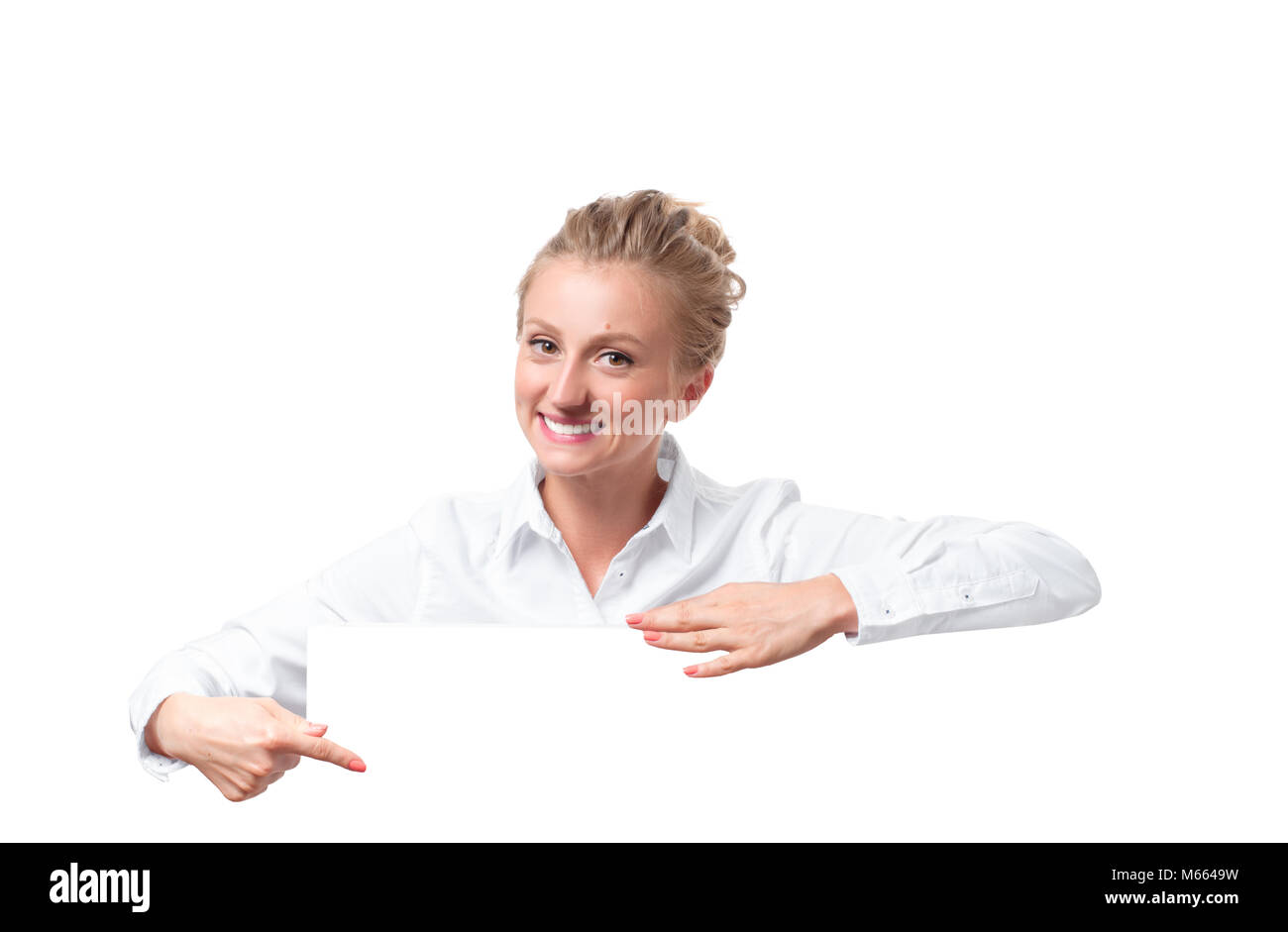 Business woman pointing down on empty blank billboard sign board Stock ...