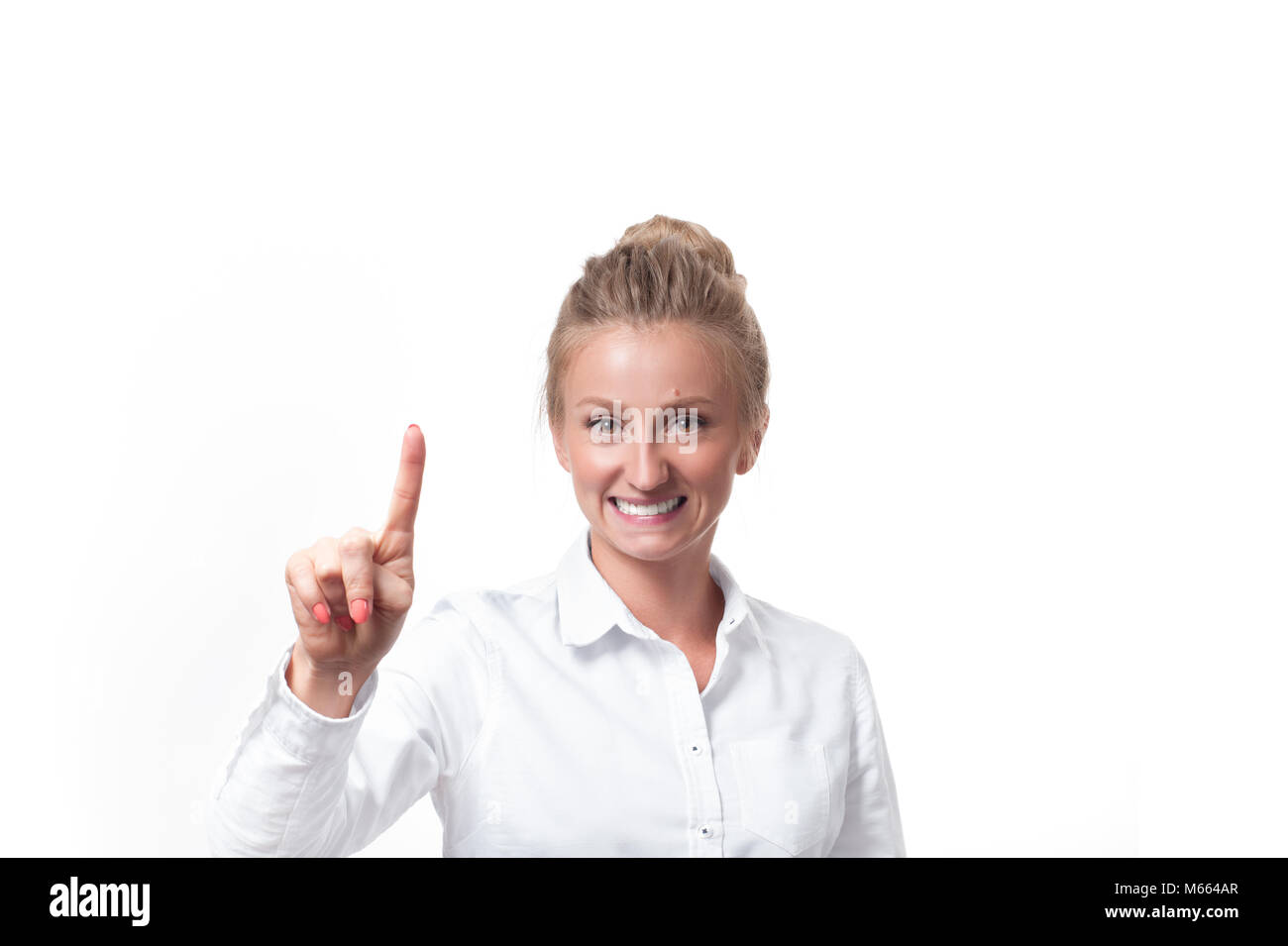 Business woman pushing on button Stock Photo - Alamy