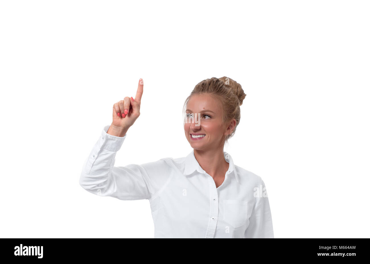 Business woman pushing on button Stock Photo - Alamy