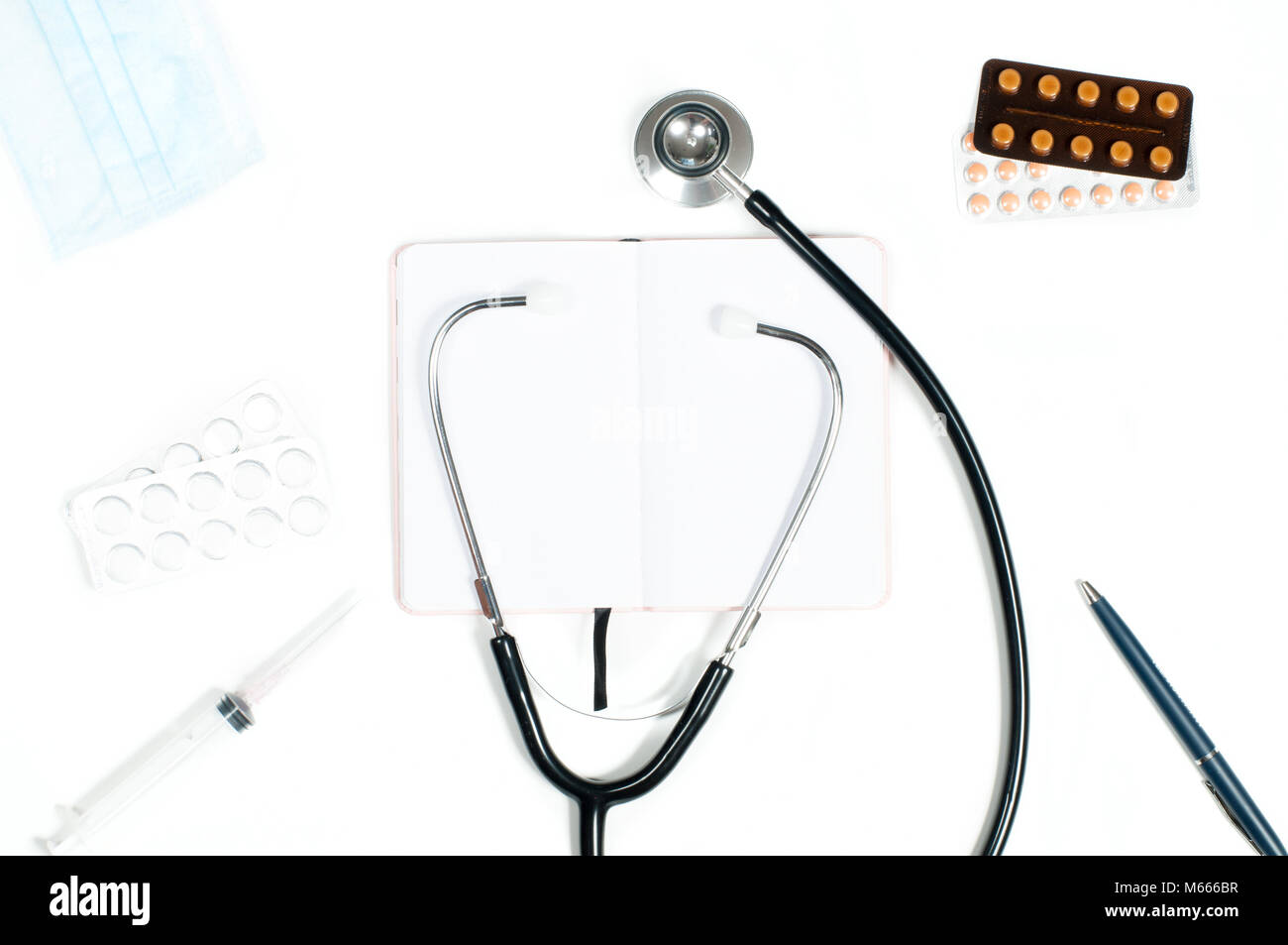 Medical stethoscope. Workplace of doctor - stethoscope, medical items ...