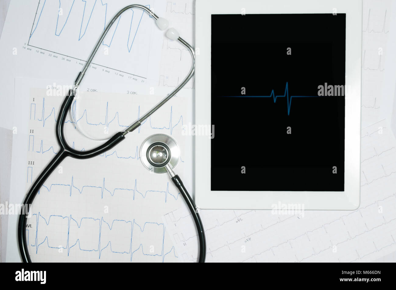 Medical stethoscope and cardiogram chart. Cardio therapeutist, pulse ...