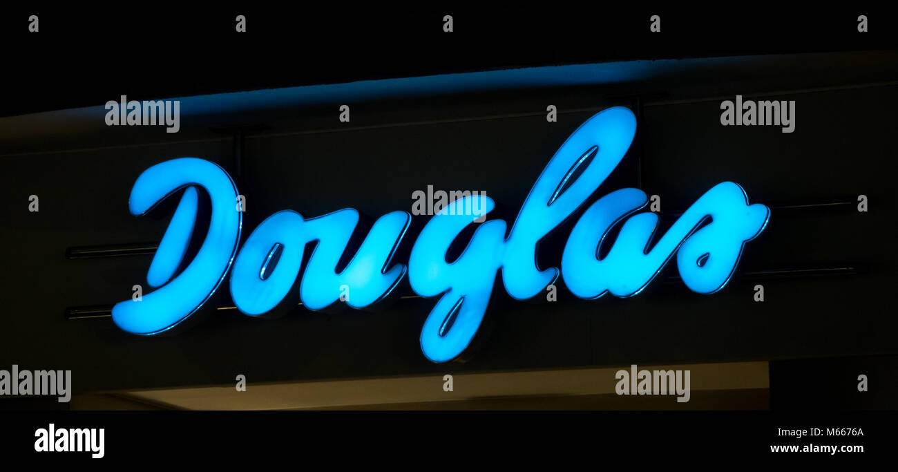 Graz, Austria - 08.02.2018: Douglas shop logo above the store in Graz ...
