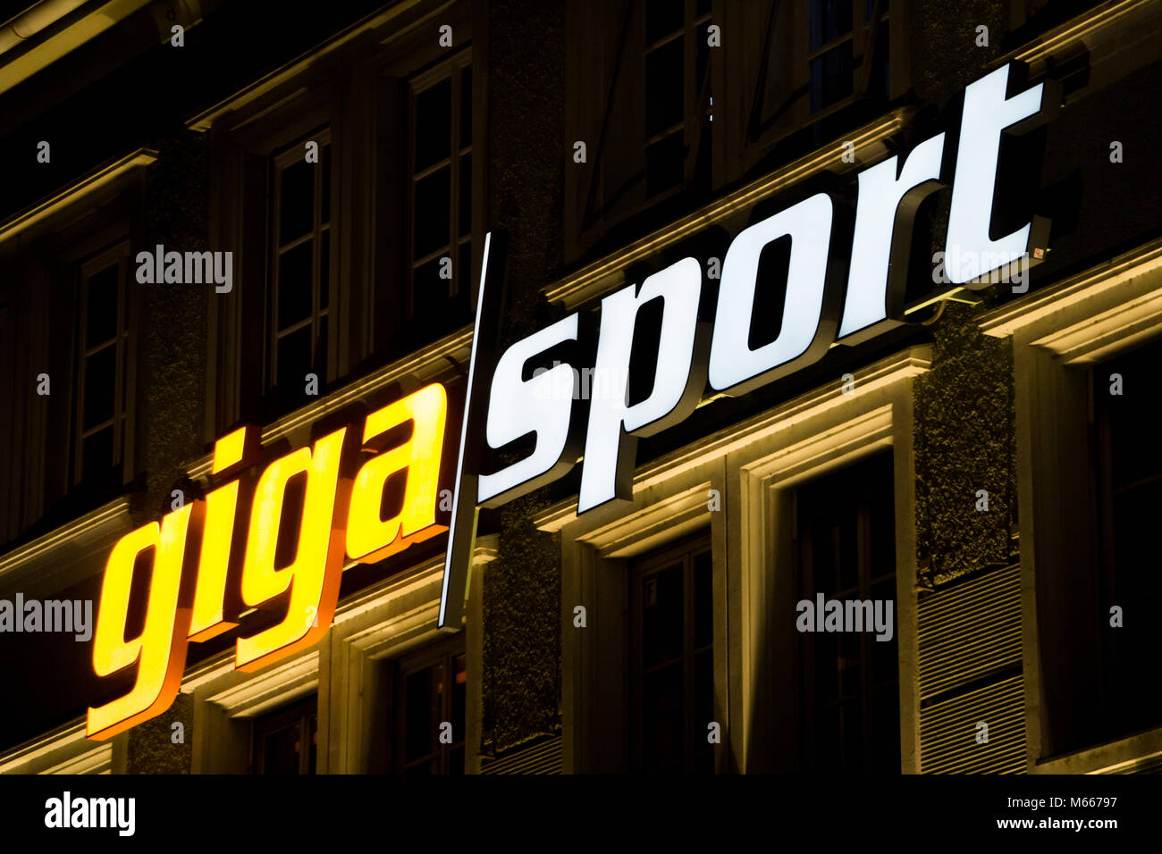 Graz, Austria - 08.02.2018: Gigasport logo on its Graz store facade ...