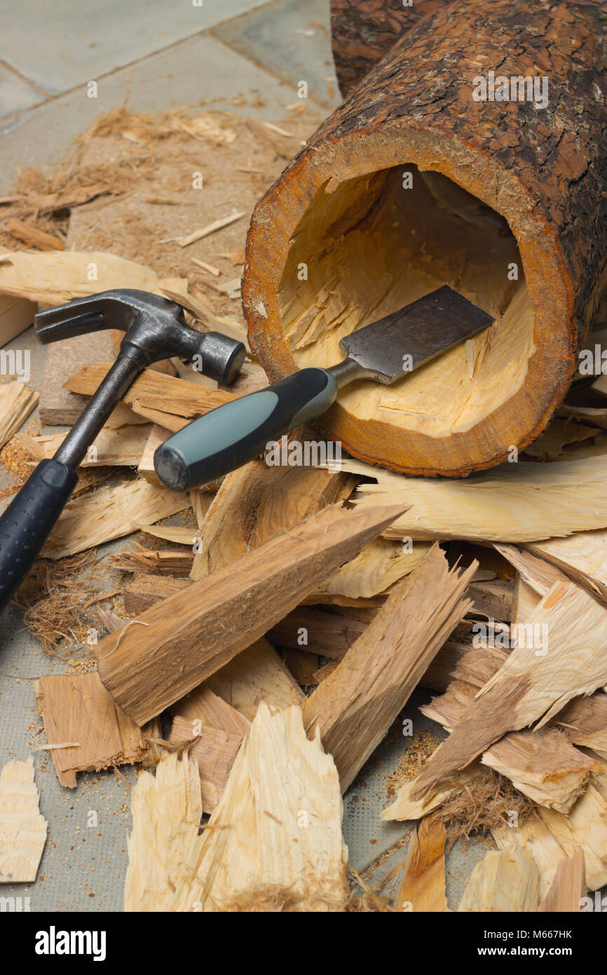 Slotting chisel the internal cavity of the birdhouse Stock Photo - Alamy