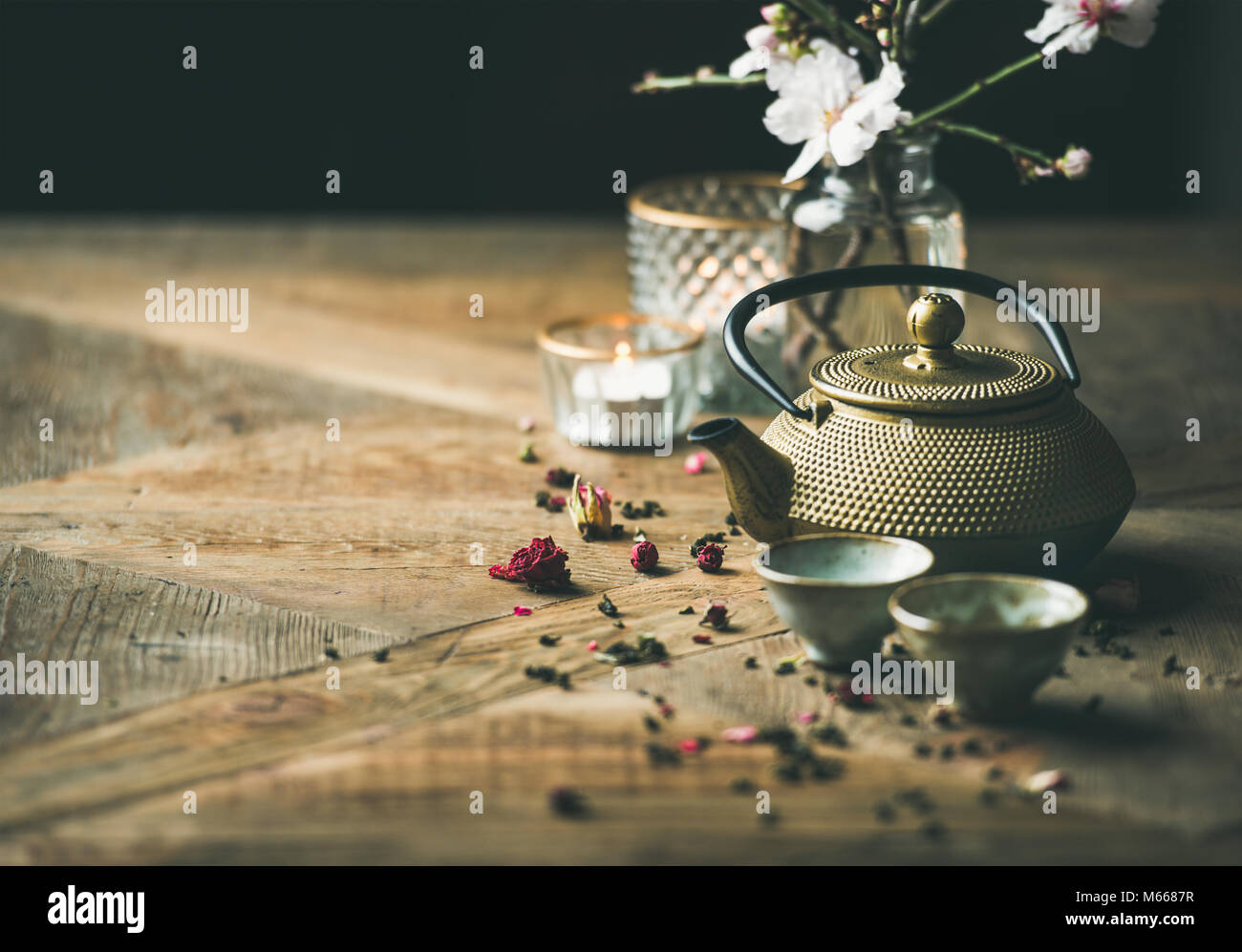Traditional Asian tea ceremony arrangement over wooden background, copy ...