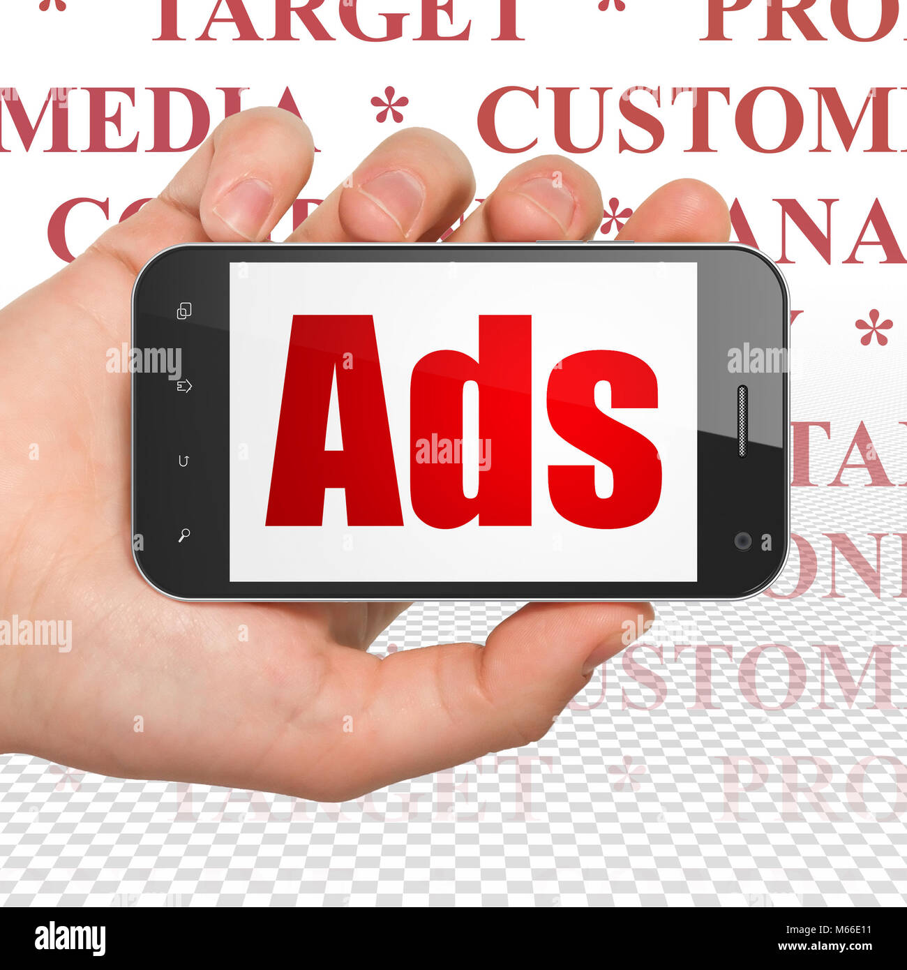 Advertising concept: Hand Holding Smartphone with Ads on display Stock ...