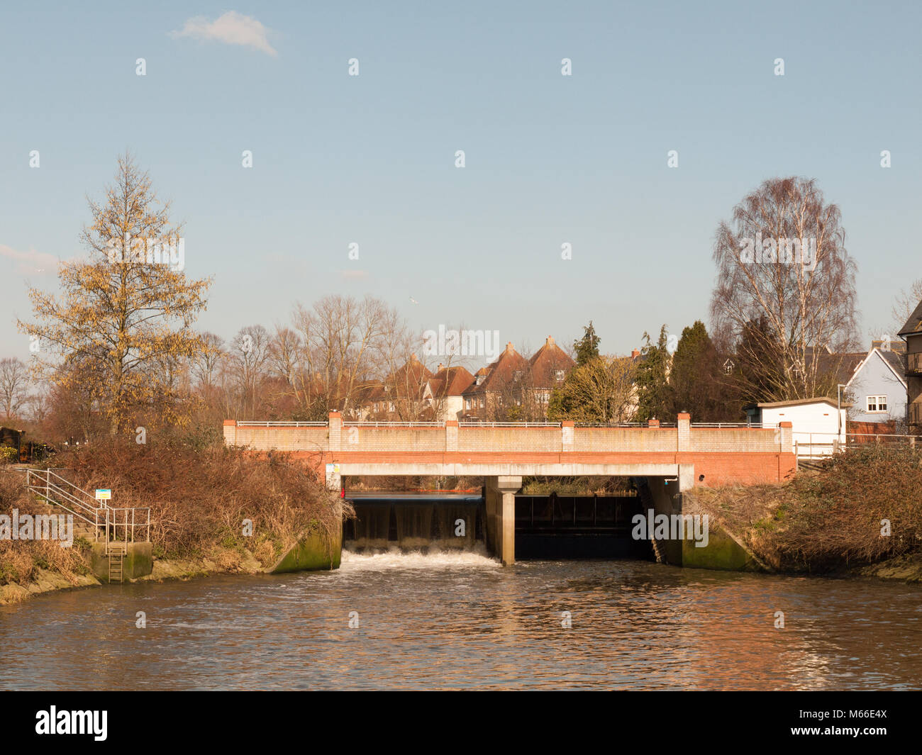 water dam small bridge crossing of stream colchester river; essex ...
