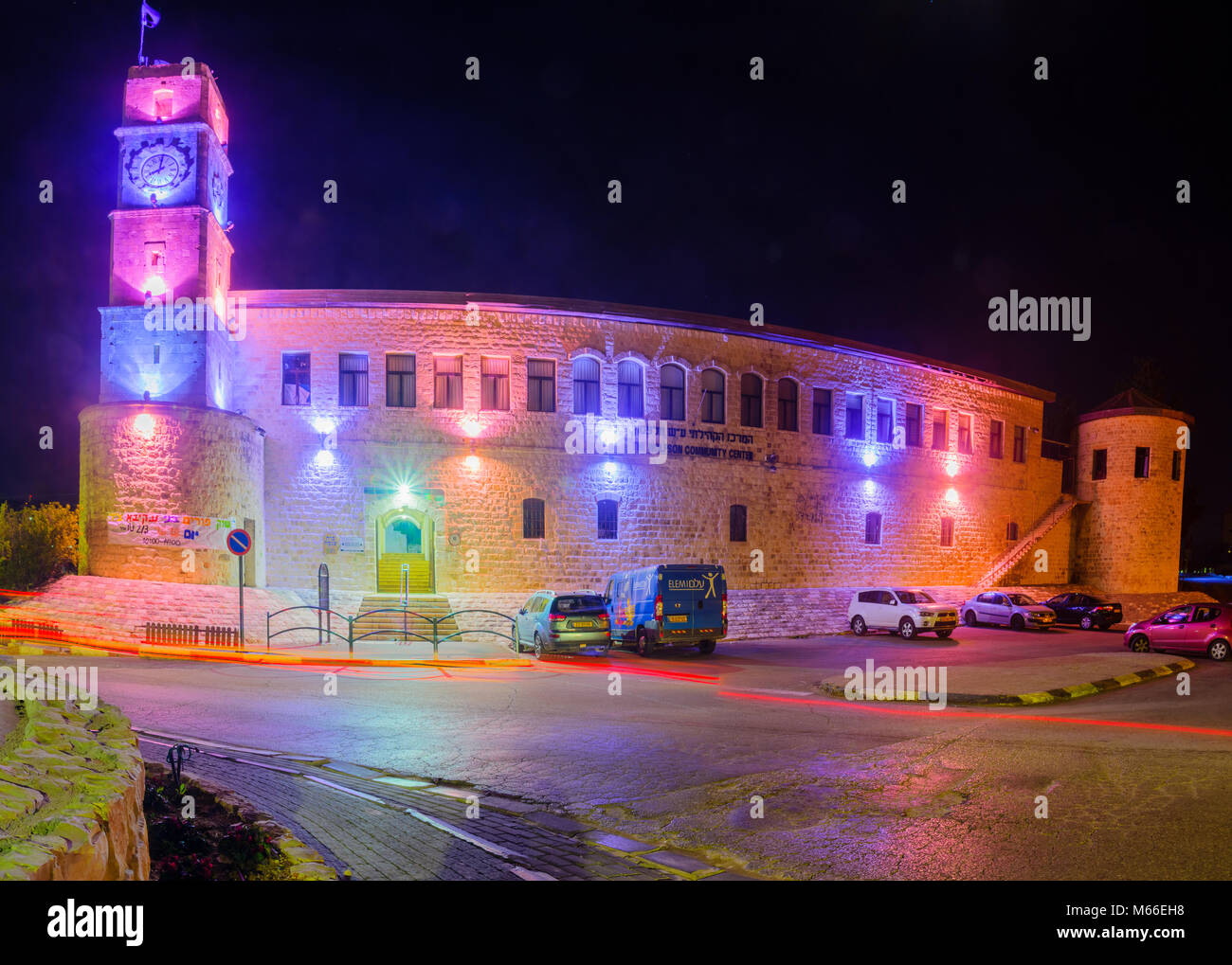 SAFED, ISRAEL - FEBRUARY 28, 2018: Night view of the historic Saraya ...