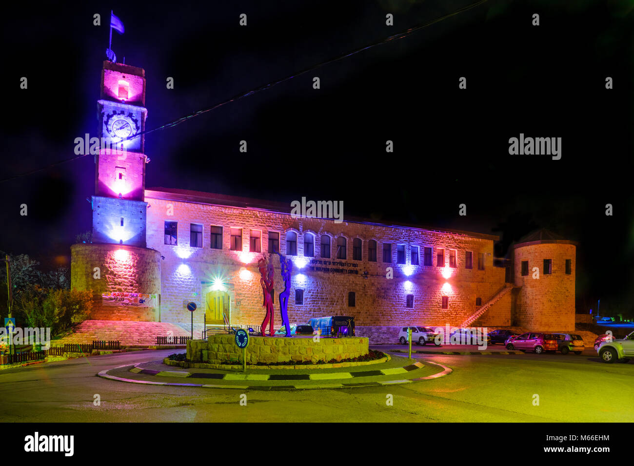 SAFED, ISRAEL - FEBRUARY 28, 2018: Night view of the historic Saraya ...