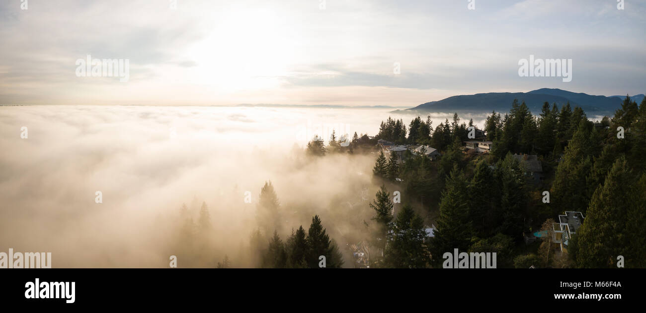 Aerial panoramic view of fog covered luxury homes on top of a hill ...