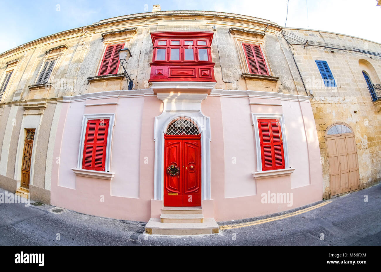 Traditional houses in Malta. Fisheye lens used. Artistic interpretation ...