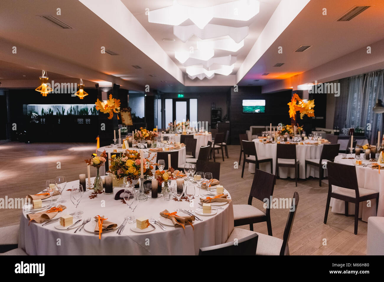 Wedding hall or other function facility with colorful ceiling lights ...