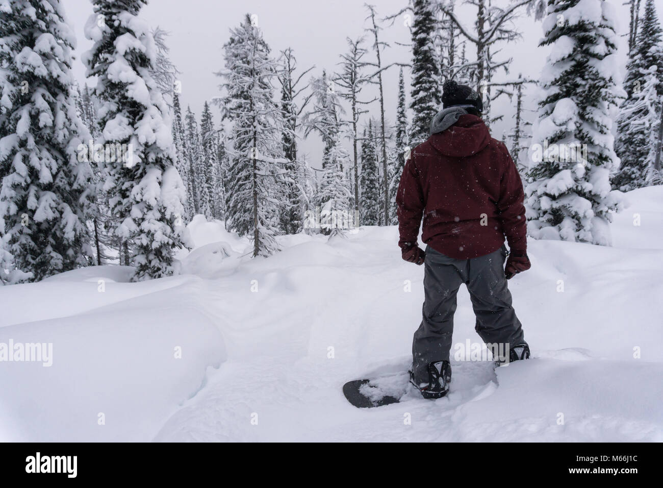 Male snowboarder standing and looking at the steep snowy slops before ...