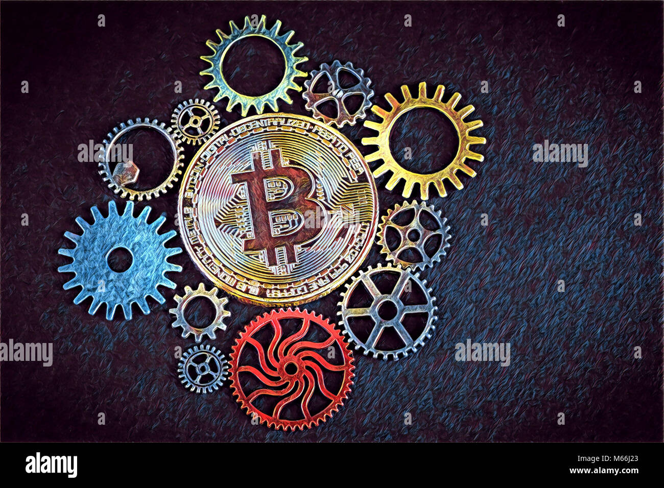 Digital illustration of golden bitcoin glowing among colorful cog ...