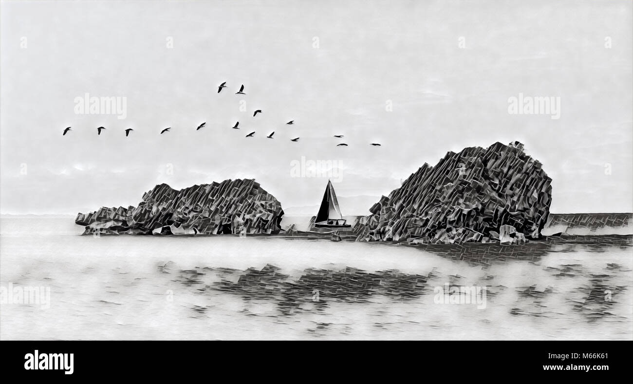 Sailboat between two rocks and flock of birst in the sky - stylized ...