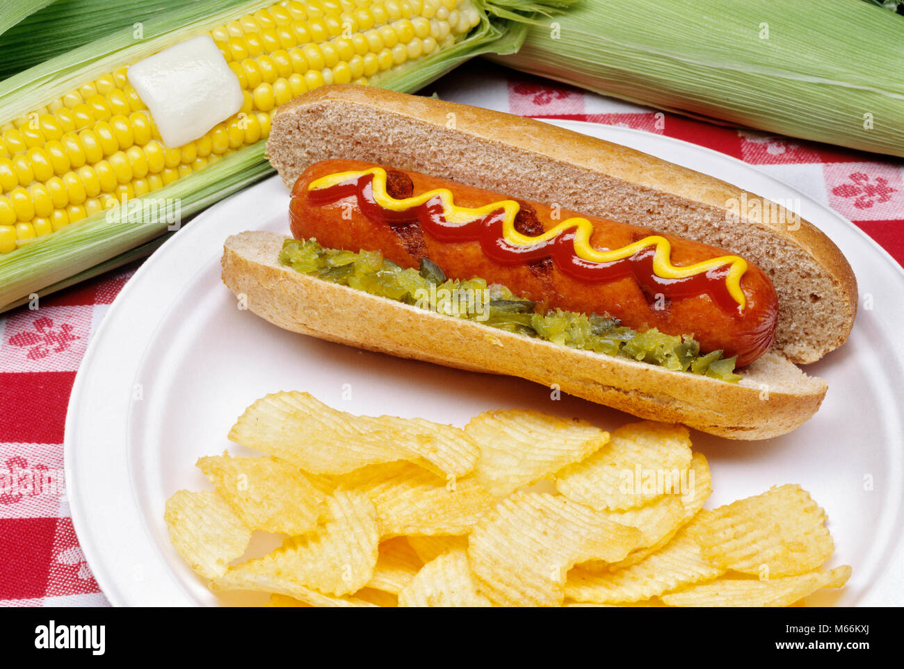 HOT DOG AND POTATO CHIPS AND CORN ON THE COB READY FOR SUMMER PICNIC ...