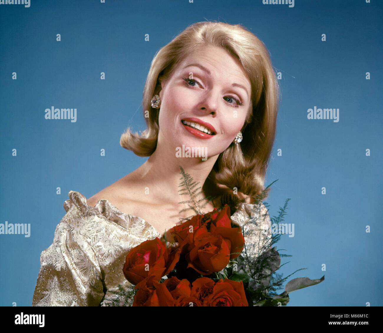 1960s SMILING BLONDE WOMAN WEARING GOLD BROCADE BLOUSE DIAMOND EARRINGS ...