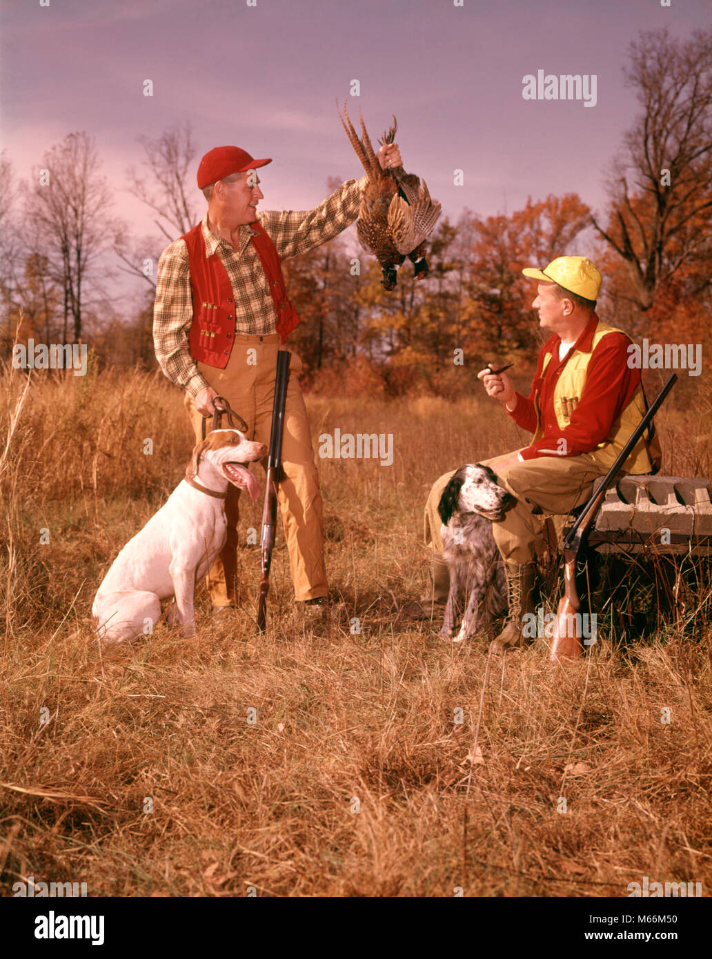 1960s TWO MEN HUNTERS SITTING STANDING WITH HUNTING DOGS HOLDING BRACE ...