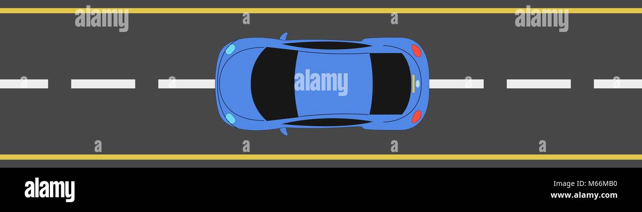 Blue cartoon car is driving along the road. Isolated on white ...