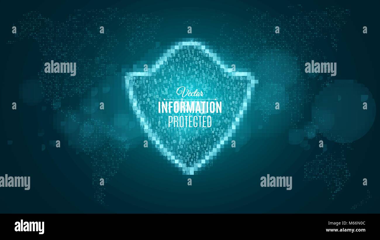 Information is protected. Blue glowing neon shield made of binary code. Neon banner. The system ...