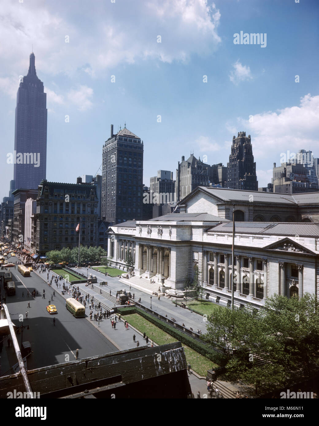 1950s ELEVATED VIEW LOOKING DOWN ON NY PUBLIC LIBRARY WITH EMPIRE STATE ...