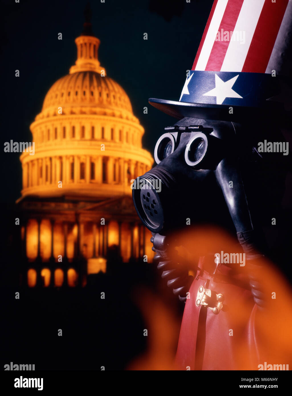 1960s 1970s UNCLE SAM WEARING GAS MASK BY NIGHT CAPITOL DOME ...